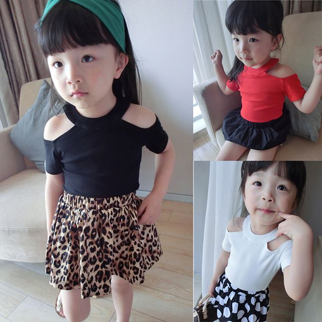 Girls Fashion T-shirt Kids Off-shoulder Basic Cotton Top Cute Summer ...